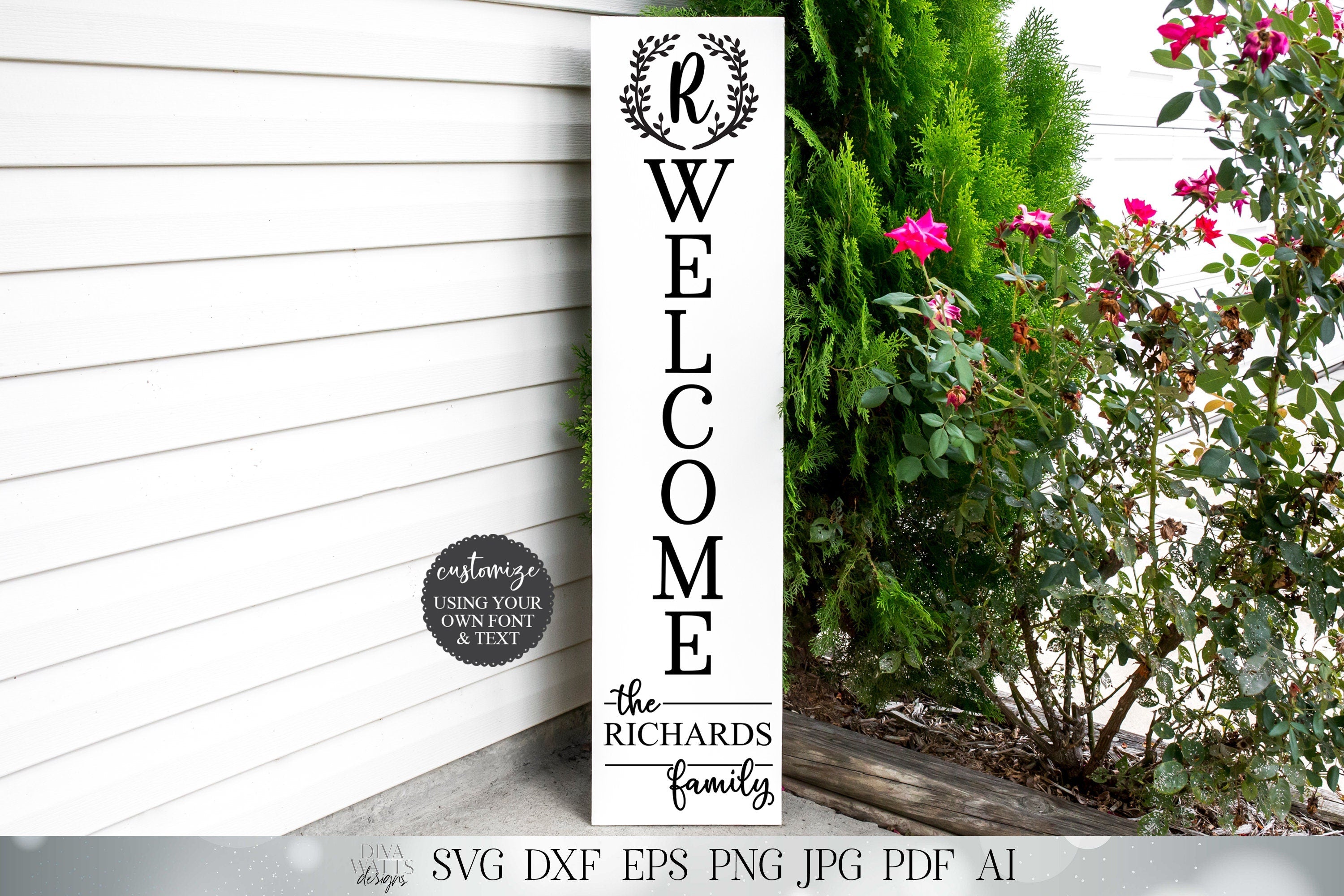 Vertical Welcome Sign with Monogram and Last Name | Leaning Porch Sign ...