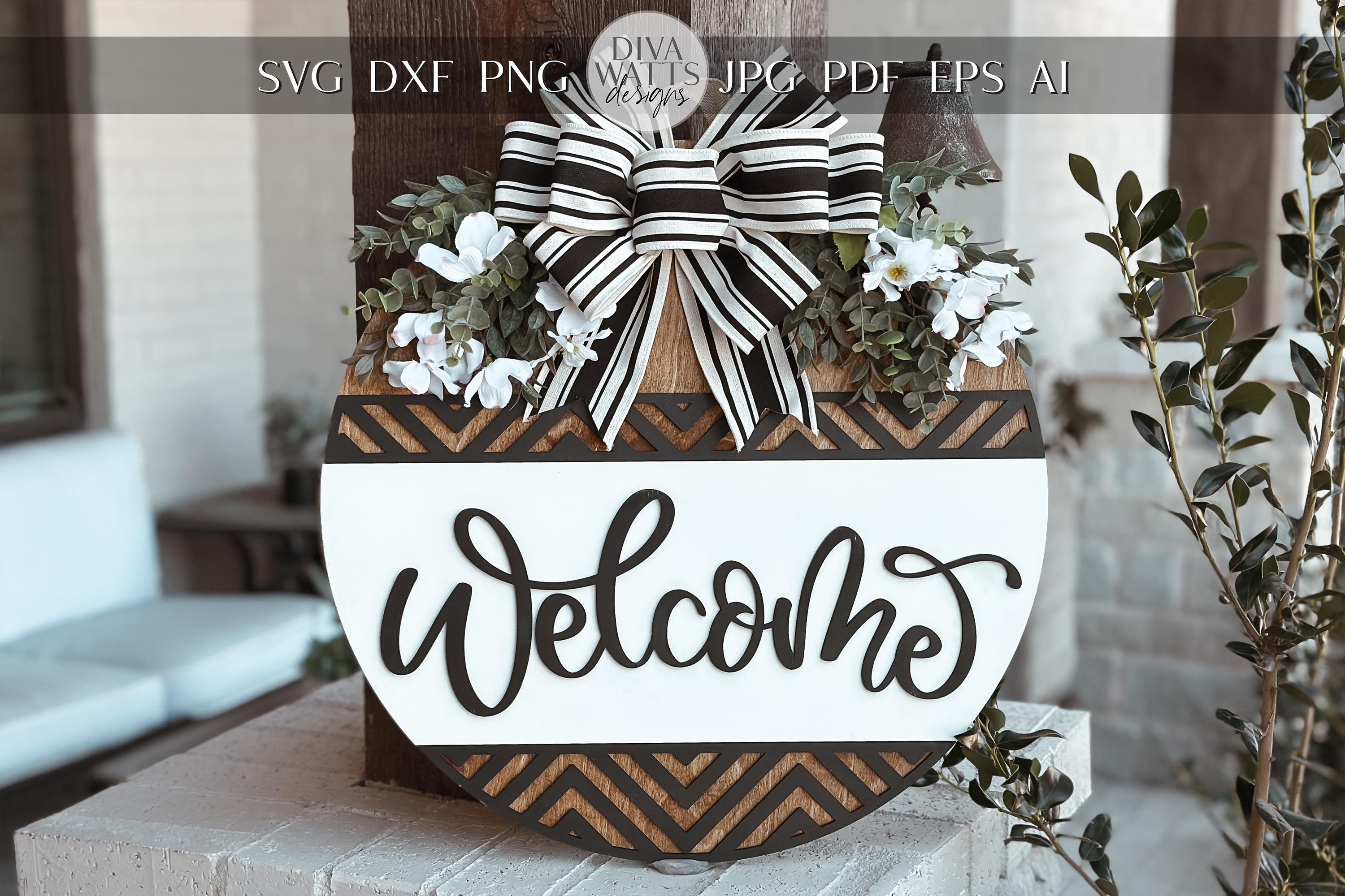Welcome Door Hanger SVG, Geometric Laser Cut File, Round Door Sign Des ...