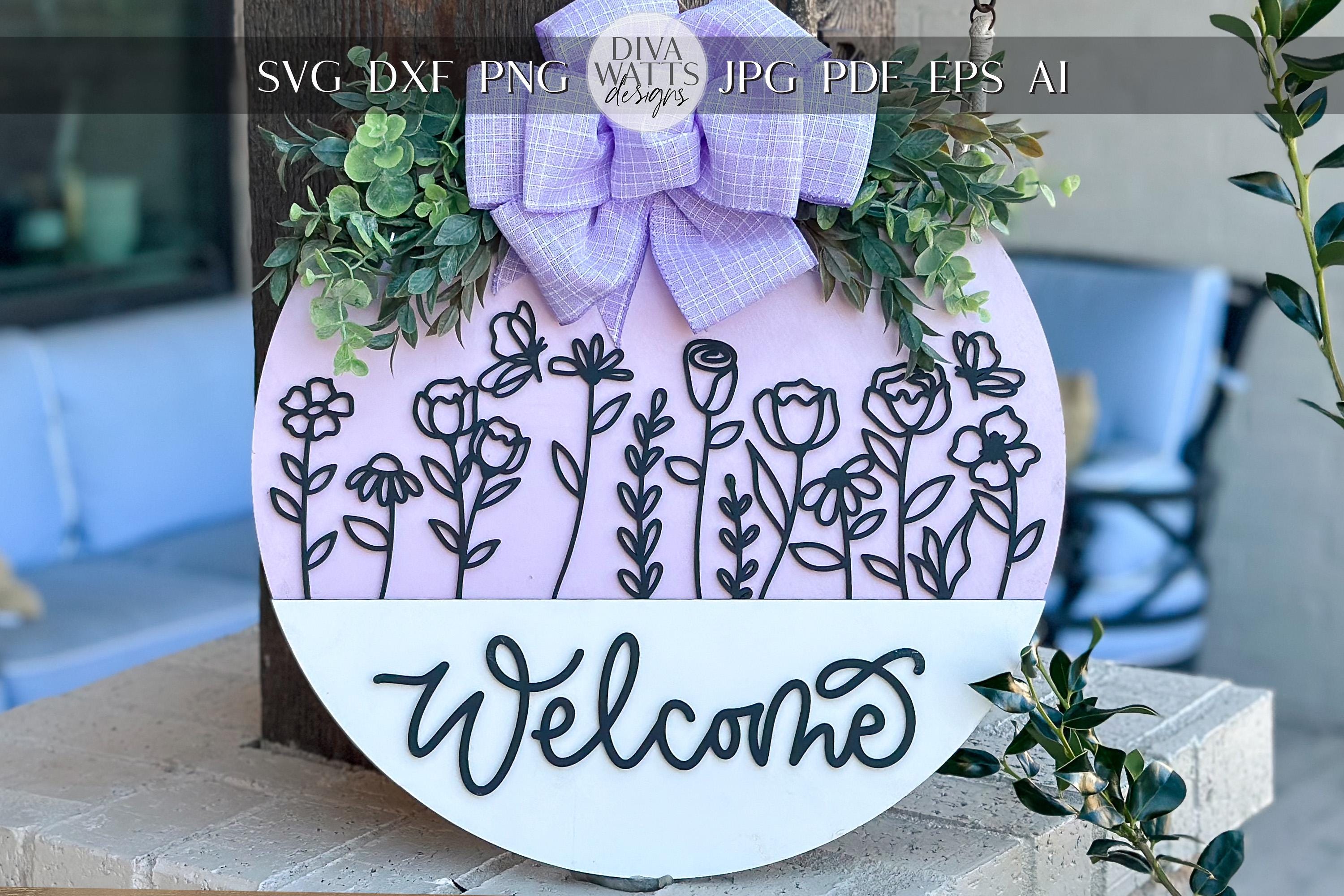 Welcome Door Hanger SVG, Floral Laser Cut File, Round Sign Design, Glo ...