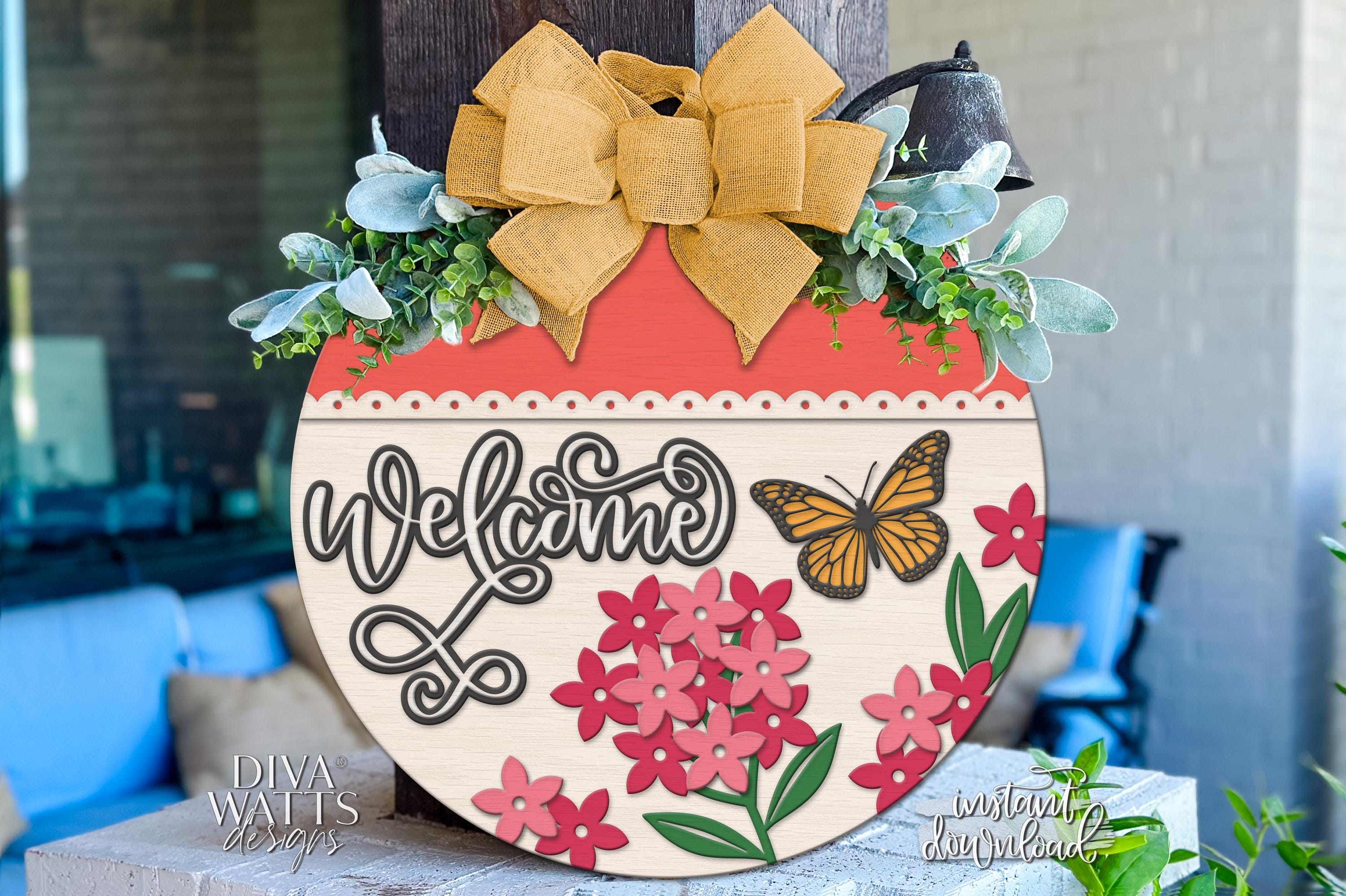 Laser Cut Door Hanger SVG | Welcome Sign SVG File | Butterfly Round Wo ...